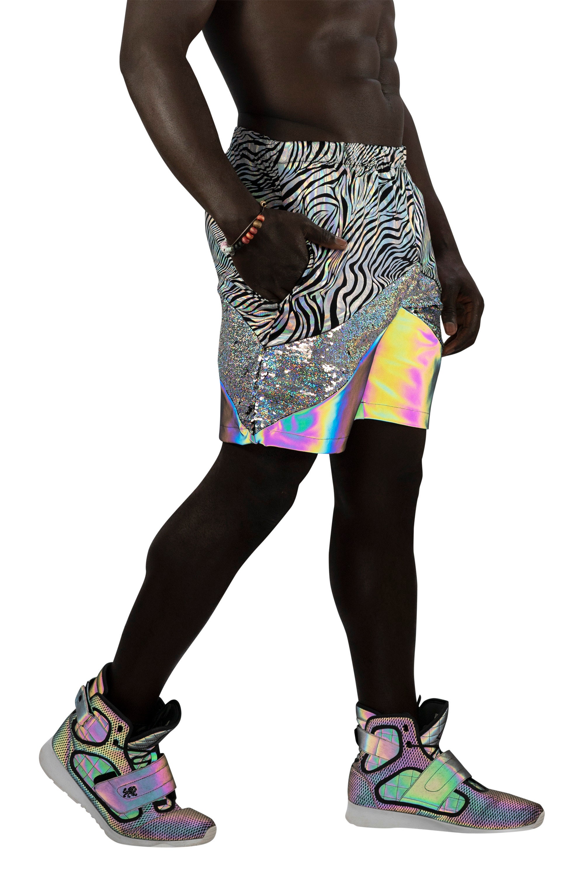 Mens Silver Reflective Shorts, Holographic Sequin Festival Shorts ...