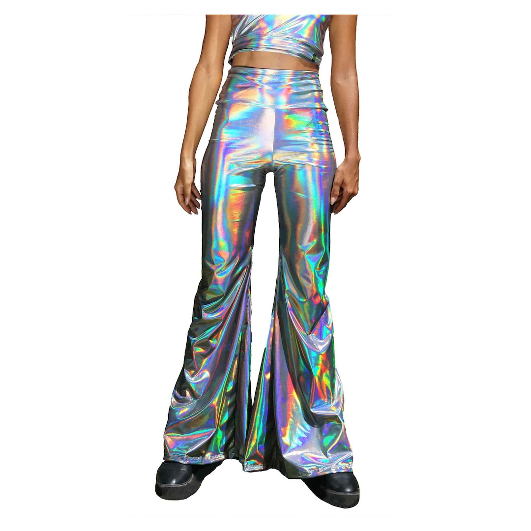 Disco Pants Holographic Silver High Waisted Bell Bottoms Futuristic ...