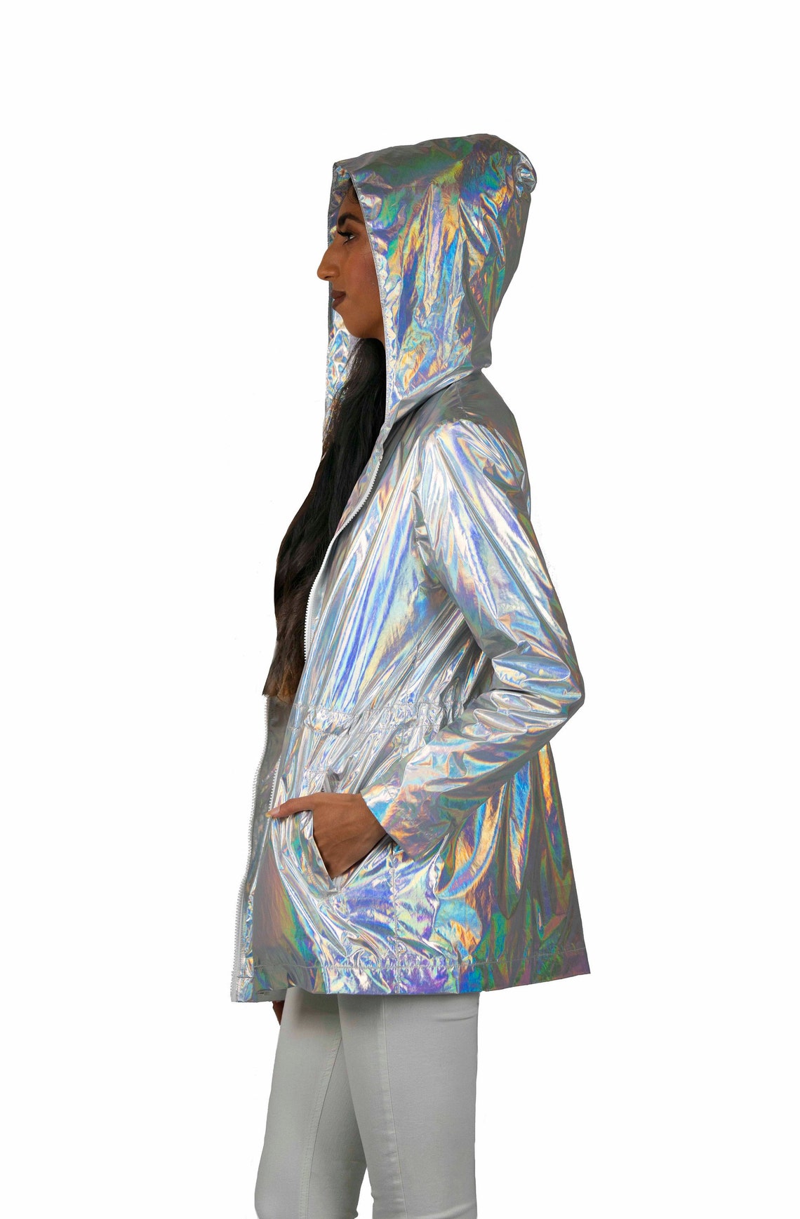 Futuristic Gold Raincoat, Holographic Jacket Waterproof Festival Hoodie ...