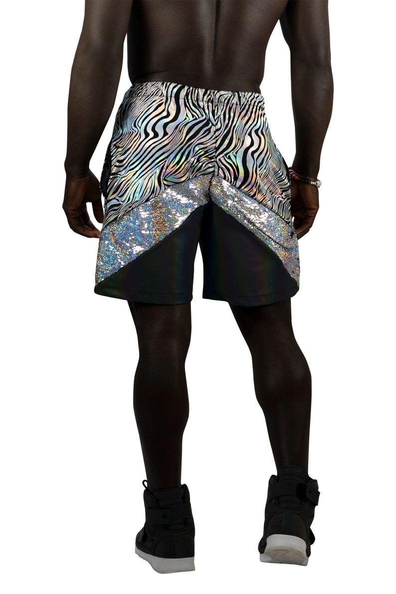 Zebra Print Holographic Shorts Reflective Shorts EDC Outfit Sparkly ...