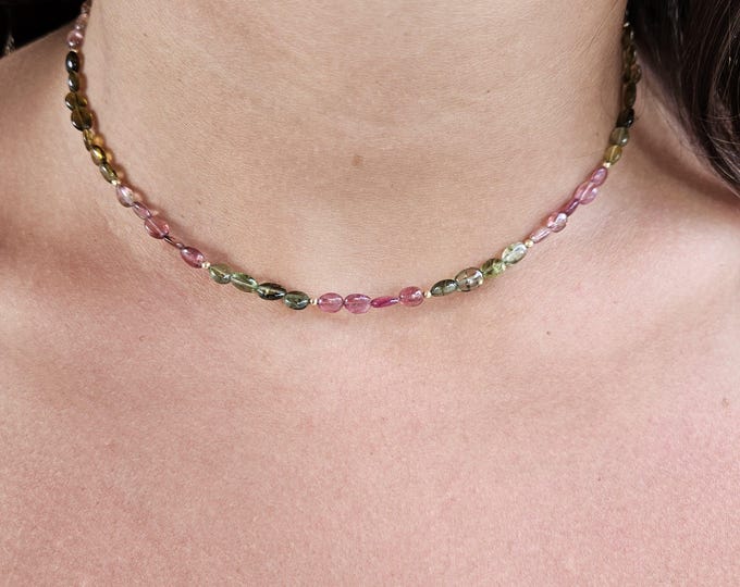 14k Solid Gold Tourmaline Necklace,multi Color Tourmaline Chocker,candy ...