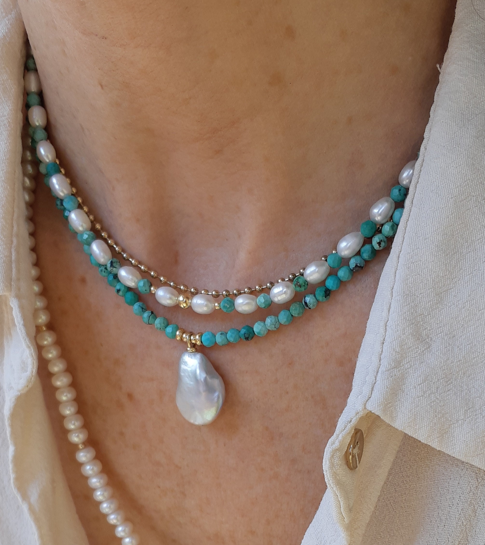 14k Solid Gold Pearl and Turquoise Necklacegold Pearl - Etsy
