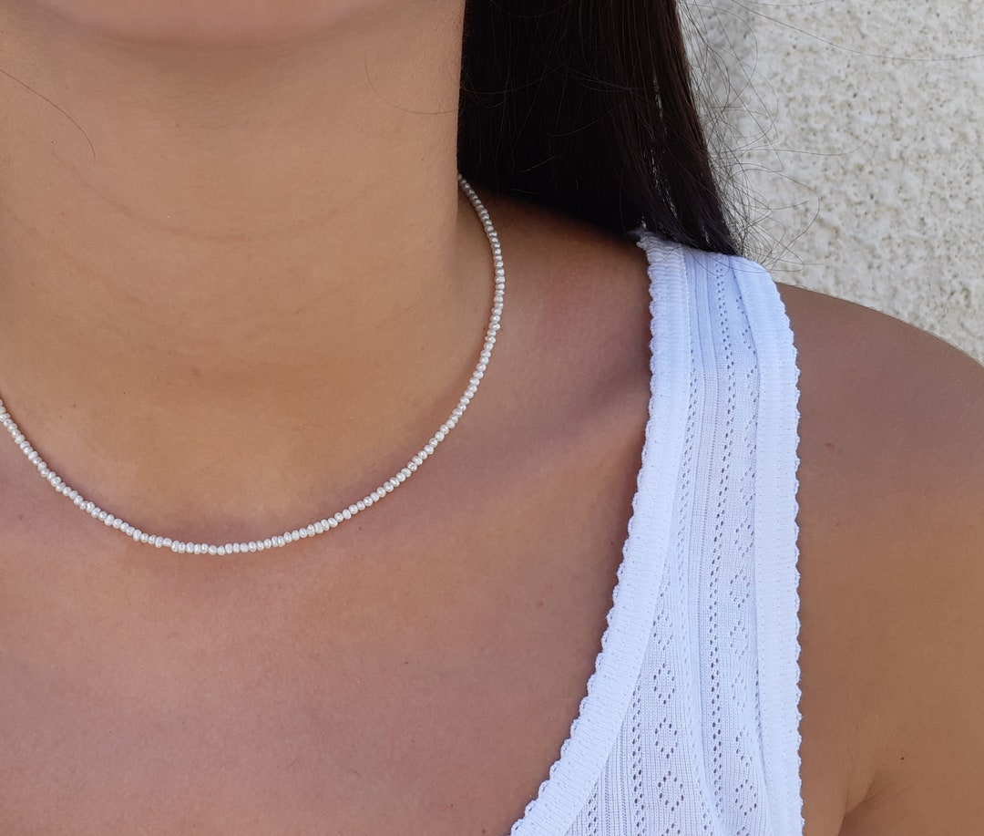 14k Solid Gold Seed Pearls Necklace,tiny Pearls Chocker Necklace,slim Gold Small Pearls Necklace ...
