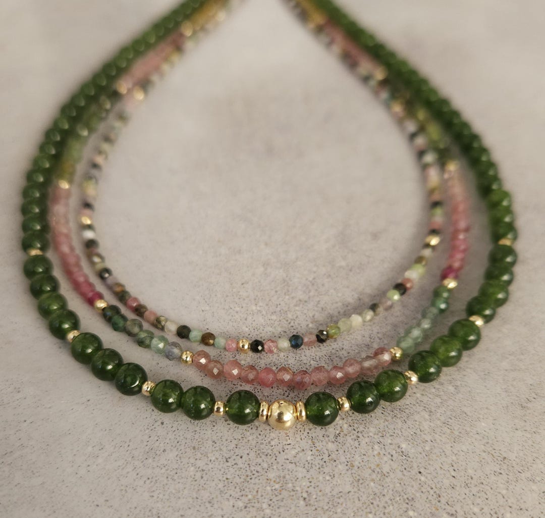 14k Solid Gold Jade Necklace,4mm Green Jade Beaded Necklace Chocker ...