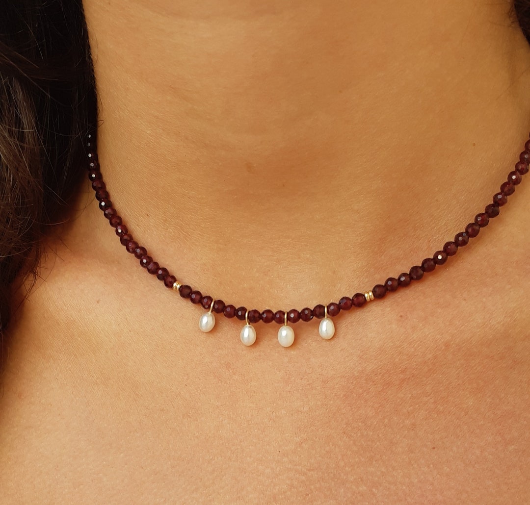 Garnet and Pearl Necklace,14k Solid Gold Garnet Pearl Chocker,red ...