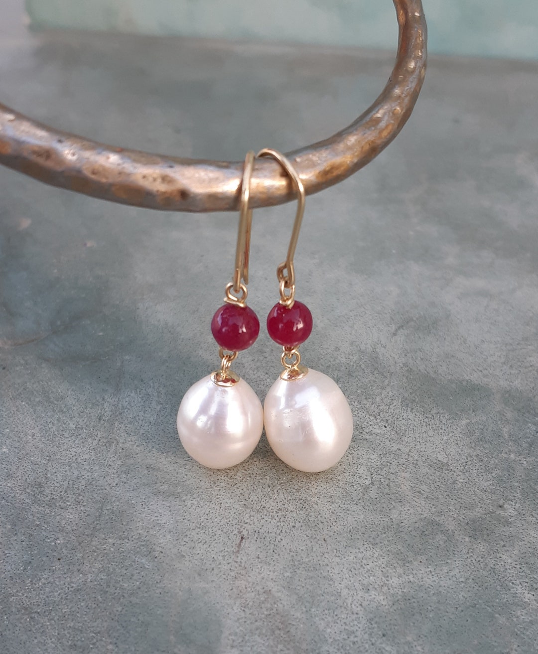 14k Solid Gold Pearl Ruby Earringsbig Gold Pearl - Etsy
