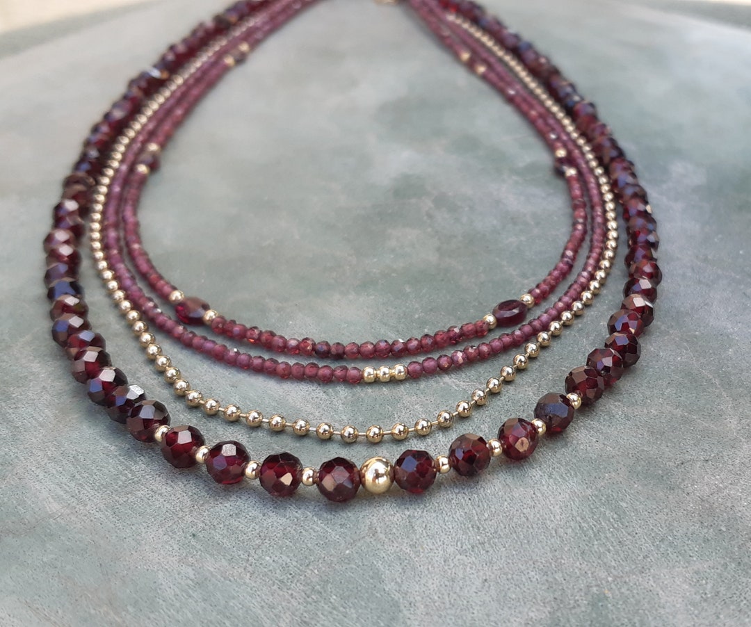 14k Solid Gold Garnet Necklace,gold Beaded Garnet Chocker, Red Garnet ...