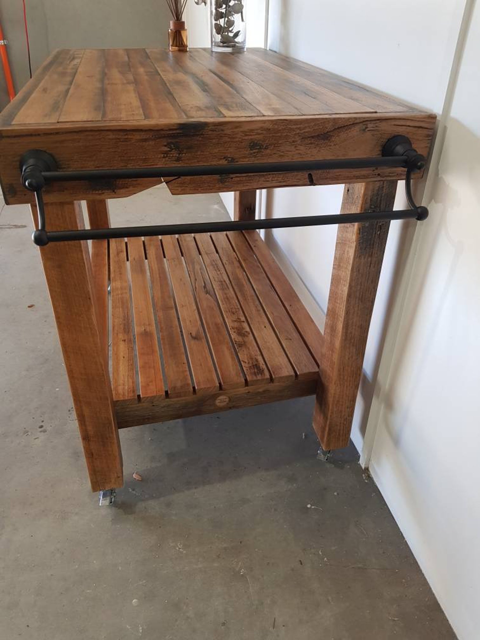 Butchers Block Style Island Bench | Rustic | Castor Wheels | Knife ...