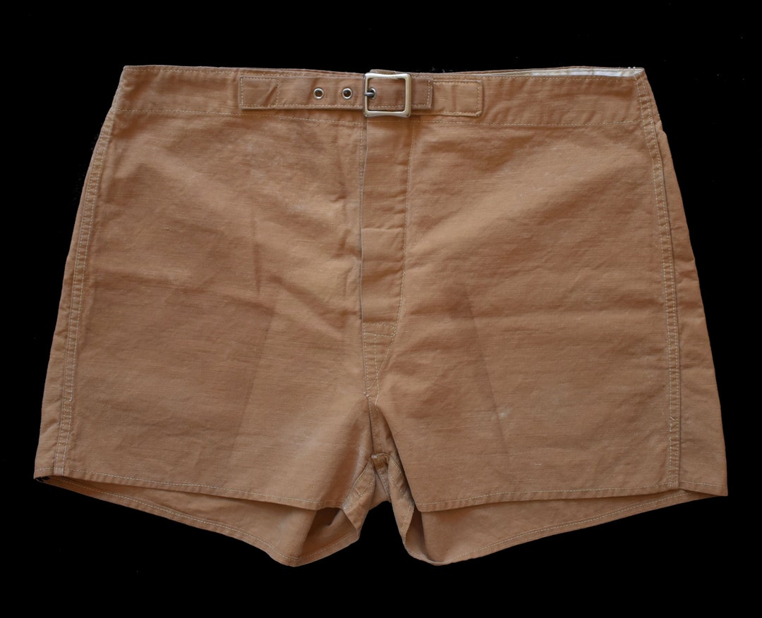 Vintage 40s Khaki Brown Swim Trunks, 1940s Cotton Canvas Shorts With ...