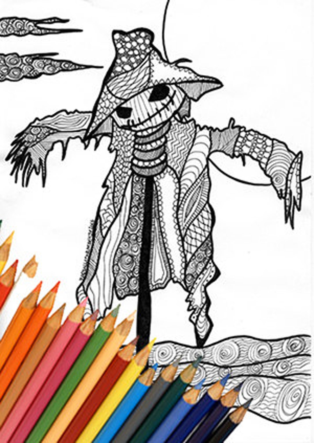 Scarecrow Zentangle Drawing Coloring Page to Print Download Spooky Fear ...