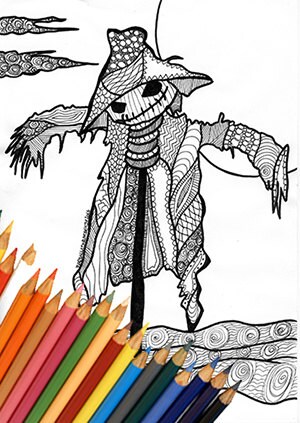 Scarecrow Zentangle Drawing Coloring Page to Print Download Spooky Fear ...
