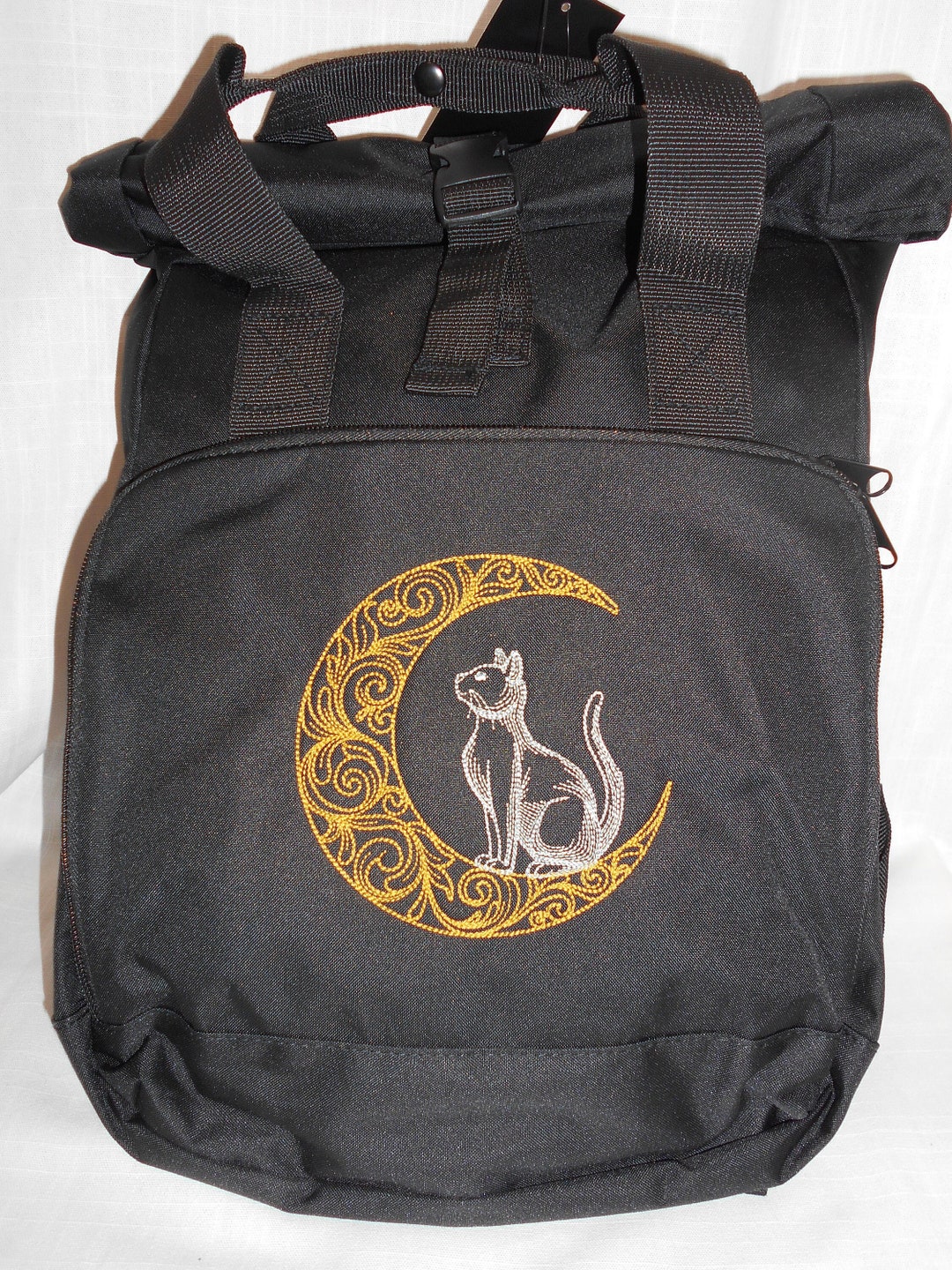 Moon Cat Roll-top Rucksack, Backpack, Pagan, Moon, Cat Embroidered Bag ...