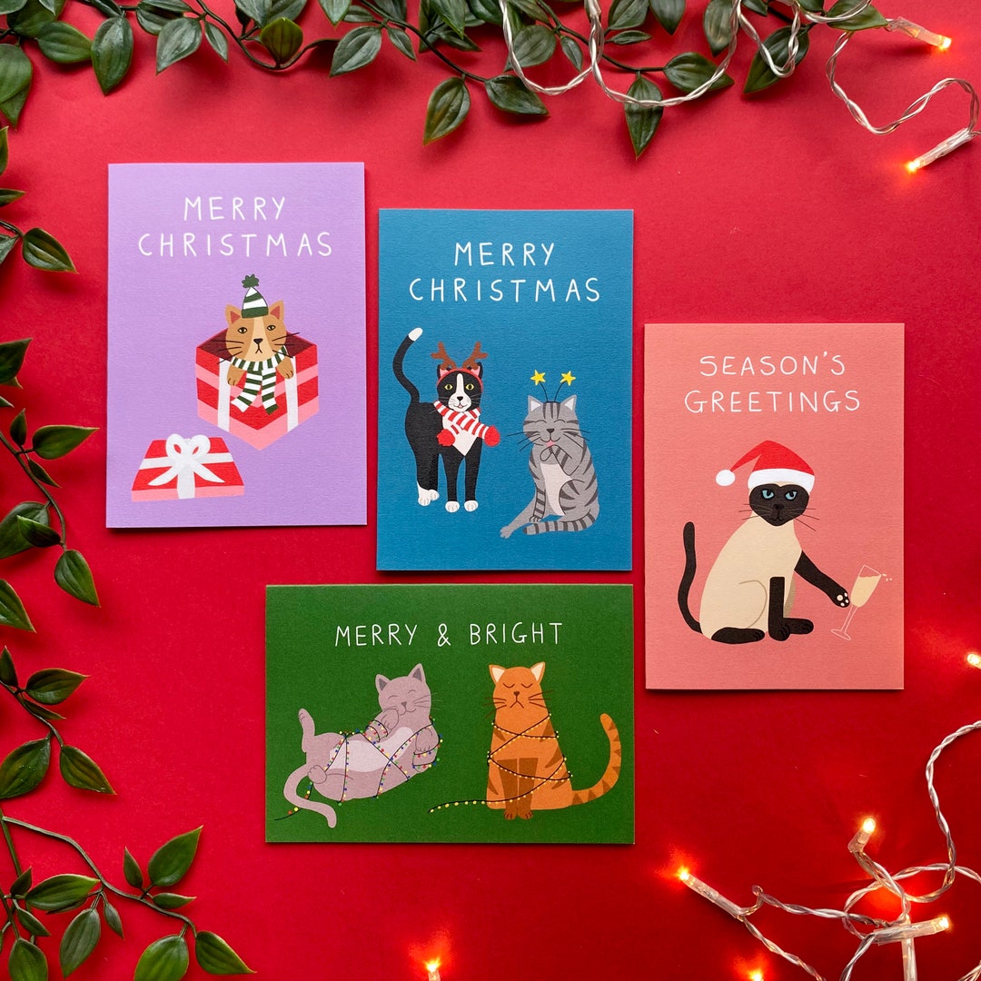 Cat Christmas Cards Pack, Set of 12 Cat Cards. - Etsy