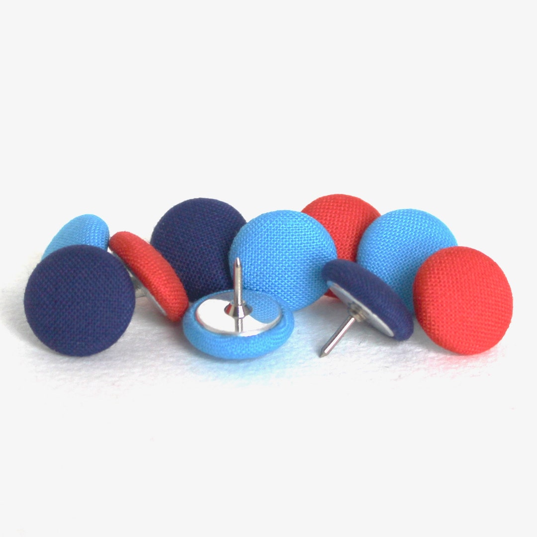 10 Push Pins in Mixed Colours, Fabric Covered Drawing Pins, Blue, Navy ...