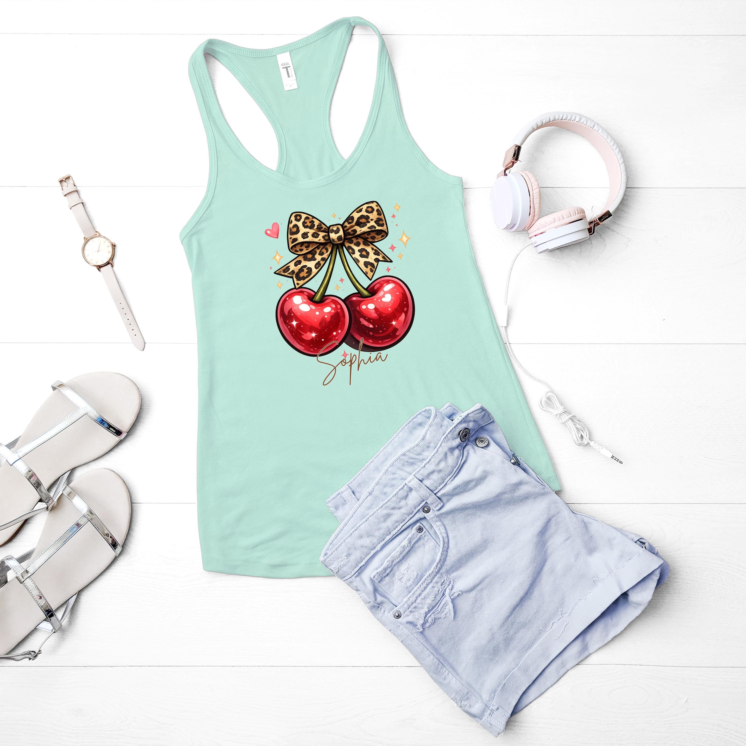 Custom Cherry Bow Tank Top, Coquette Leopard Bow Shirt, Personalized ...