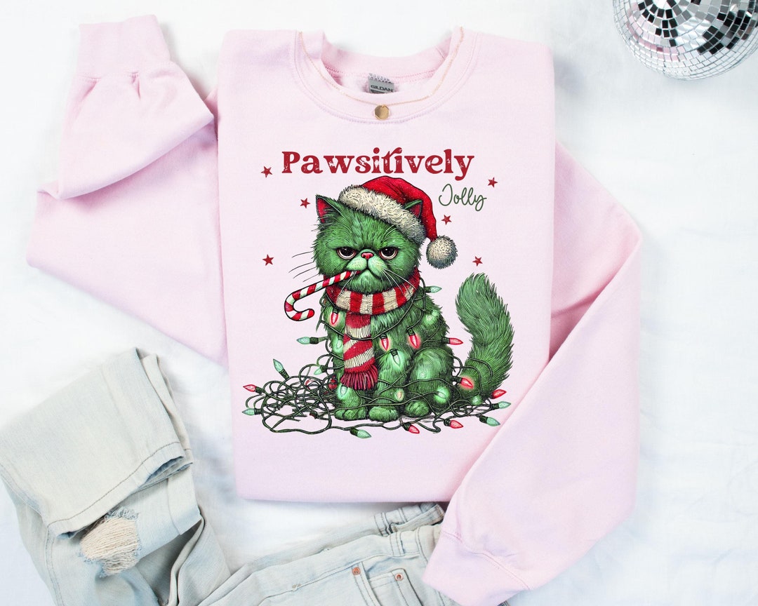 Green Cat in Lights Holiday Shirt, Pawsitively Jolly Cat Sweatshirt ...