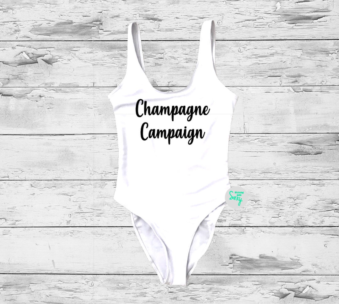 Bachelorette Bathing Suits. Bride Swim. Champagne Campaign Swimsuit ...