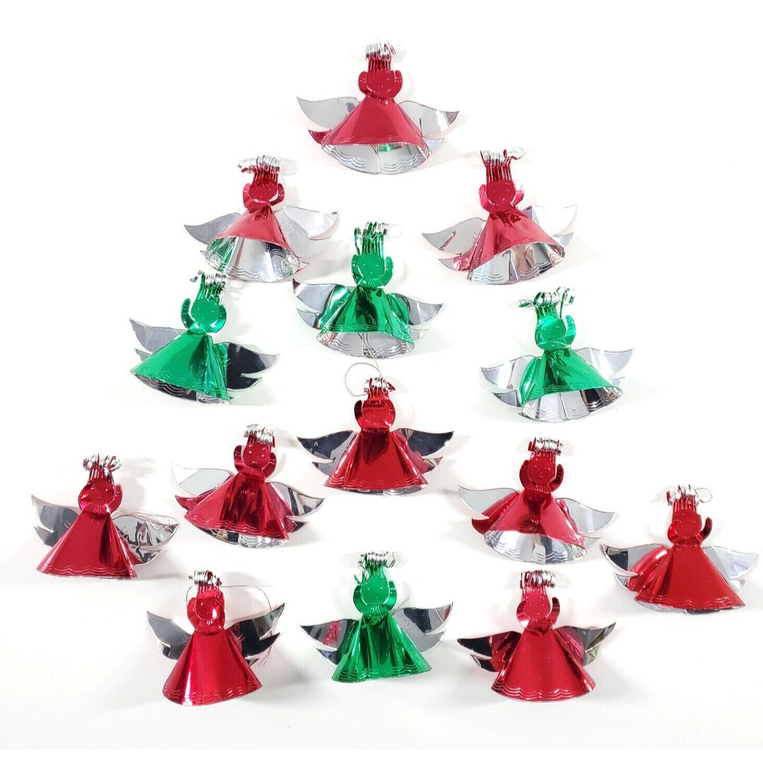 14 Vintage Atomic MCM Red Green Aluminum Foil Angel Christmas Ornaments ...