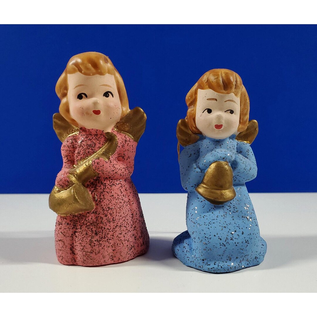 2 Vintage Japan Paper Mache Putz Mica Angel Choir Instrument Christmas ...