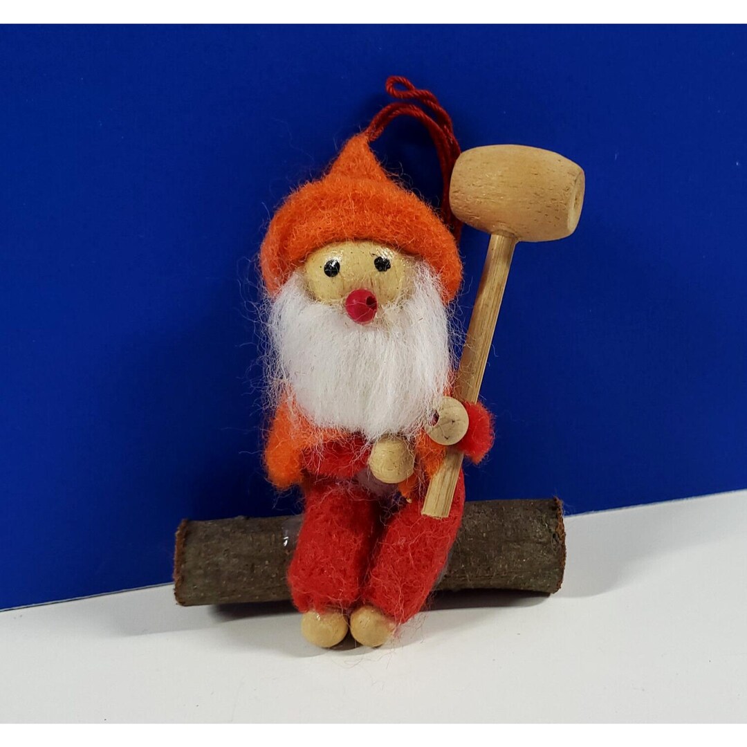 Vintage Woodsman Elf Gnome on Log Wooden Christmas Tree Ornament - Etsy