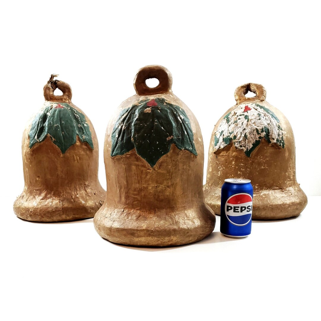 3 Vintage Huge 14" Gold Paper Mache Cardboard Bell Holly Holiday ...