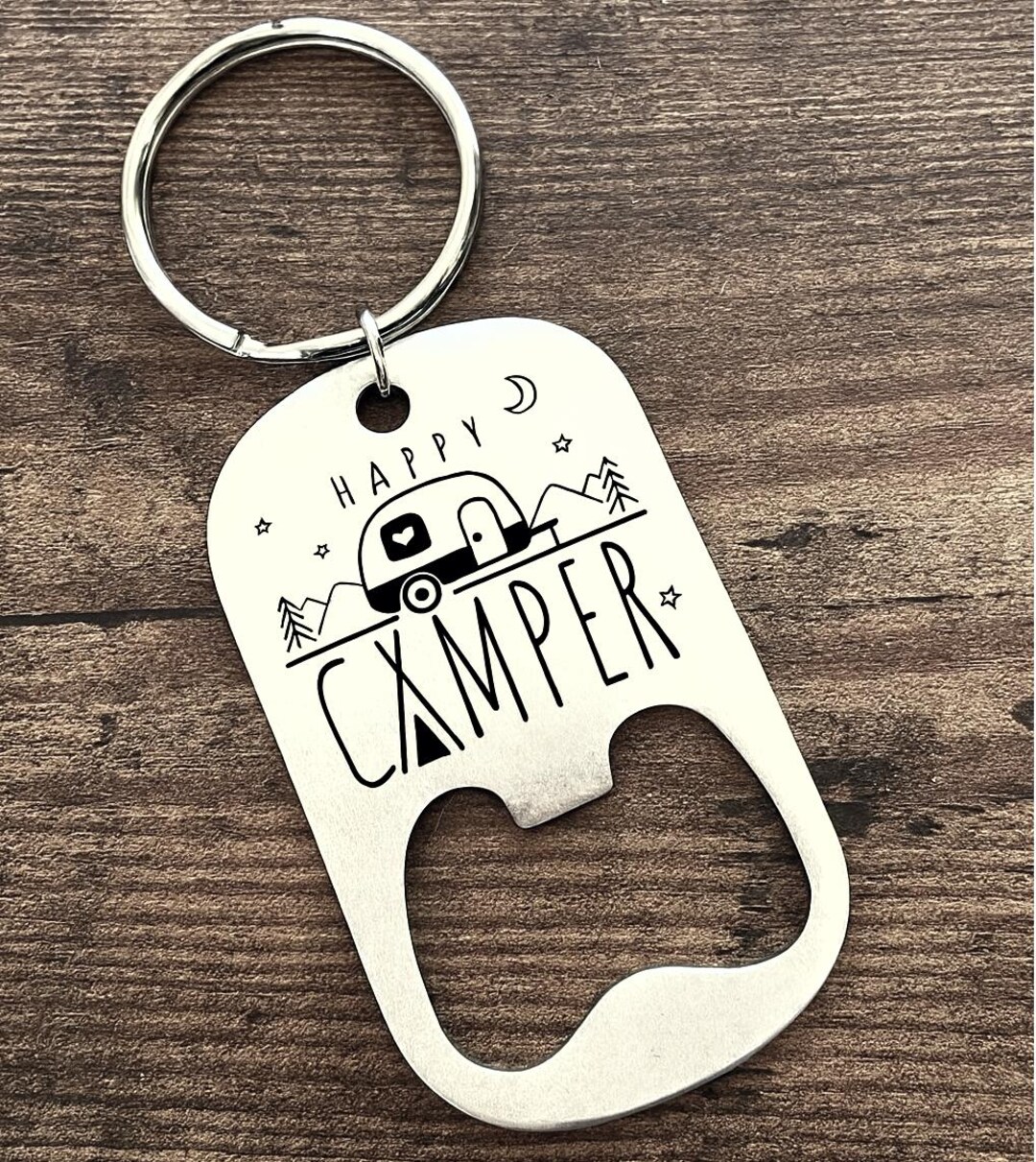 Personalized Happy Camper Keychain, Bottle Opener, Travel Trailer RV ...