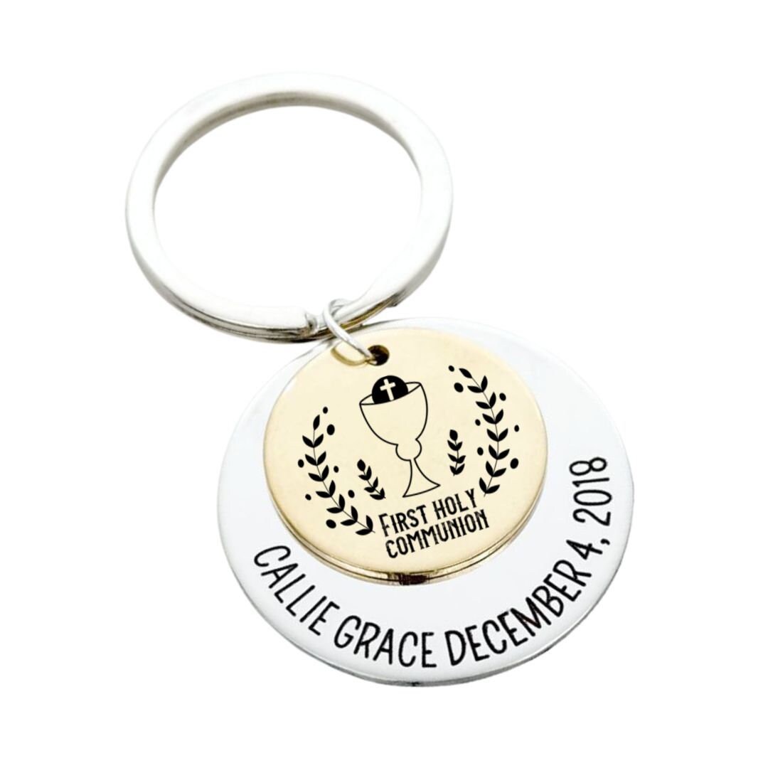 First Holy Communion Chalice Wafer Gift Custom Gold Silver Stacked Key ...