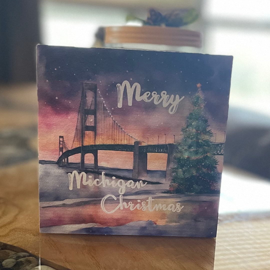 Merry Michigan Christmas Mackinac Bridge Watercolor Whitewash - Etsy