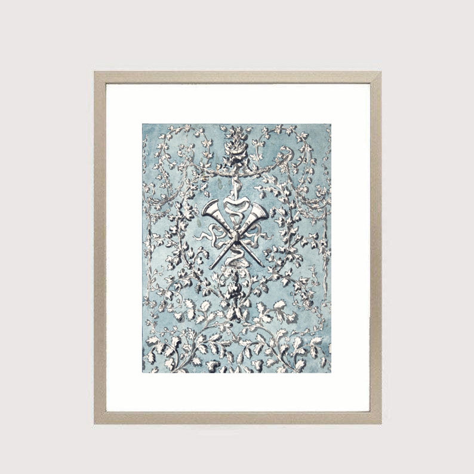 2 Set French Antique Wall Paper Prints, Watercolor Blue Prints, Antique ...