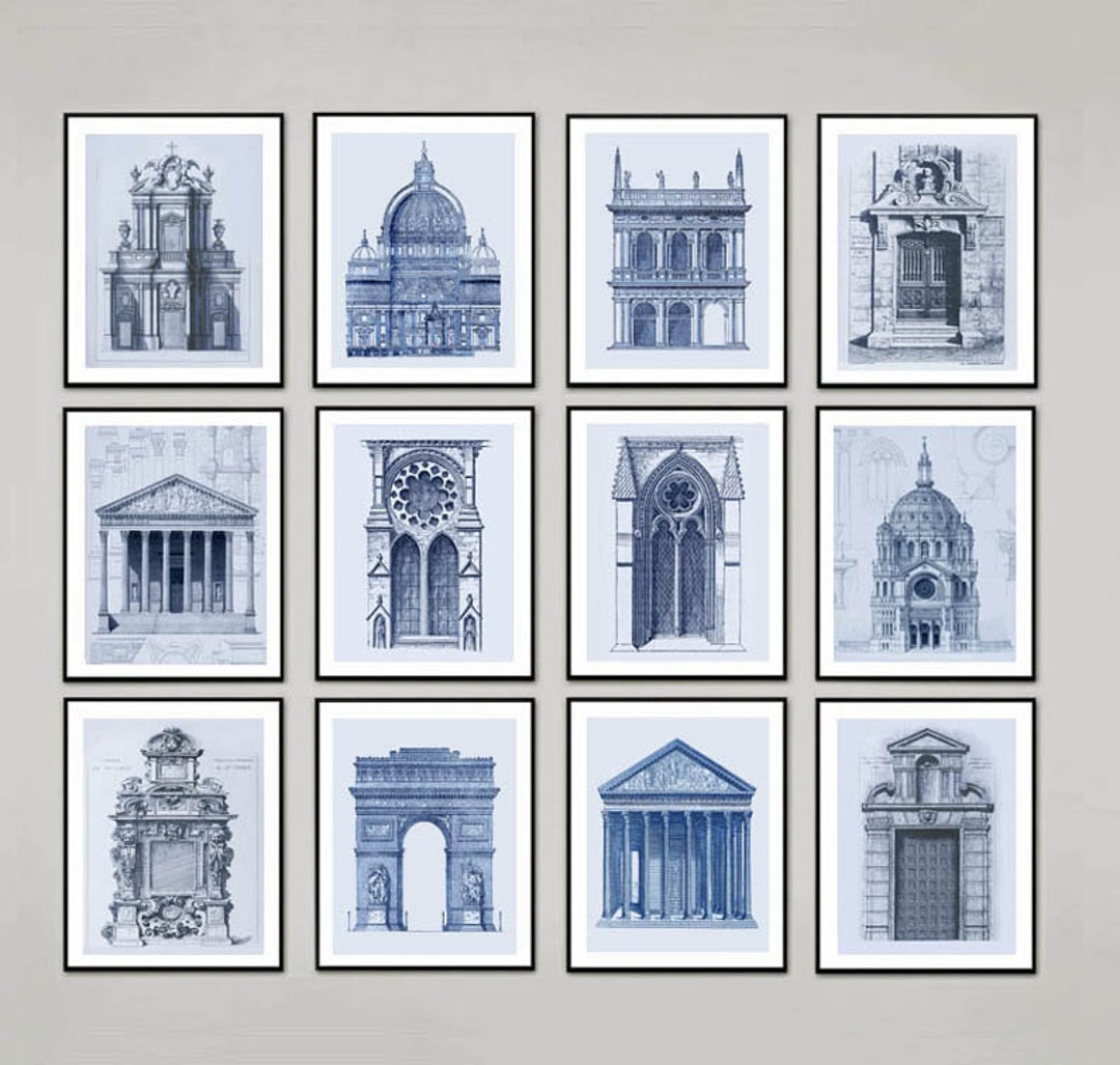 12 Architecture Art Prints. Indigo Ancient Architecture Drawings, Blue ...
