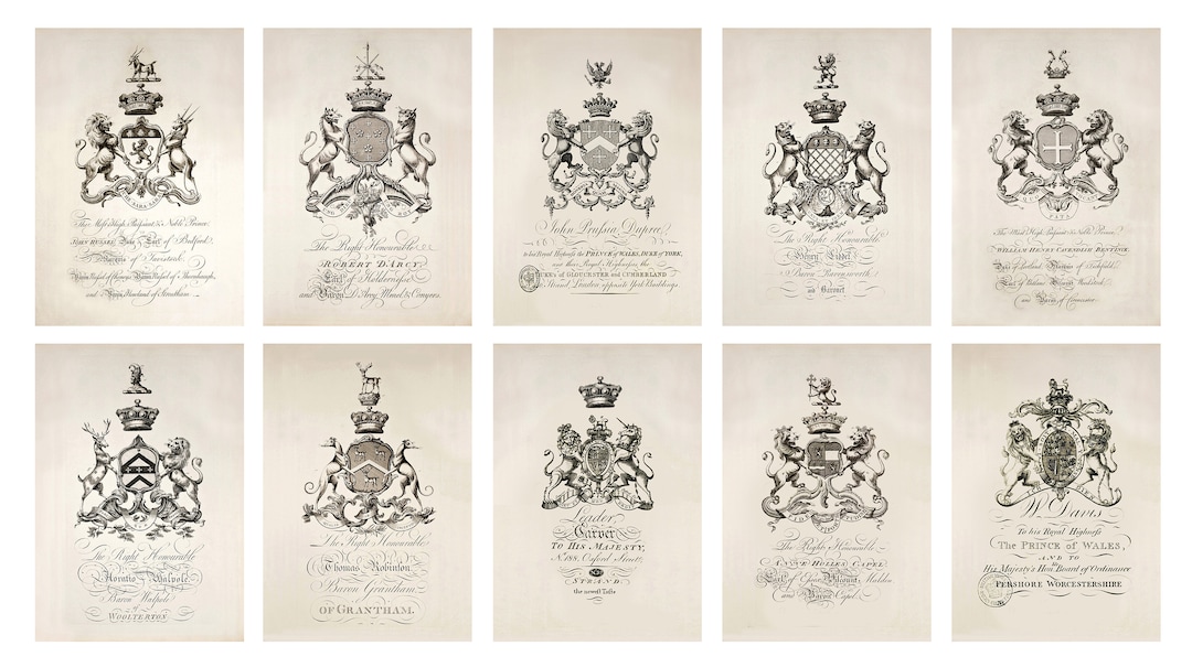 10 Set Family Crest, Coat of Arms Prints, Heraldic Art, Vintage ...