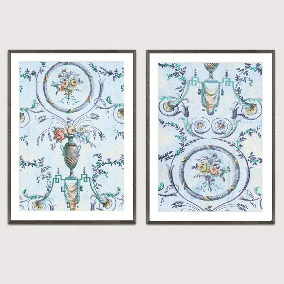 2 SET French Antique Wall Paper Print, Watercolor Blue Prints, Antique ...