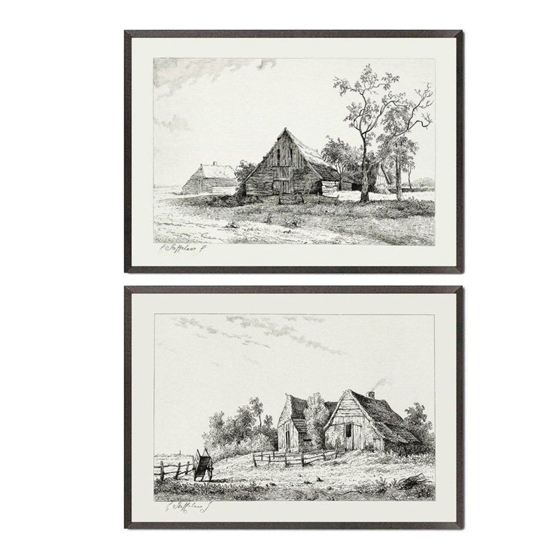 Set of 2 Old Barn Drawing Print, Barn Sketch , Country Landscape Prints ...