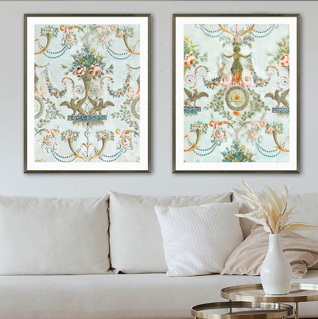 2 SET French Antique Wall Paper Print, Watercolor Blue Prints, Antique ...