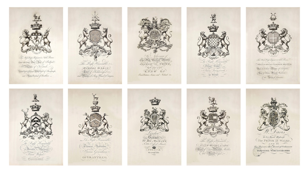10 Set Family Crest, Coat of Arms Prints, Heraldic Art, Vintage ...