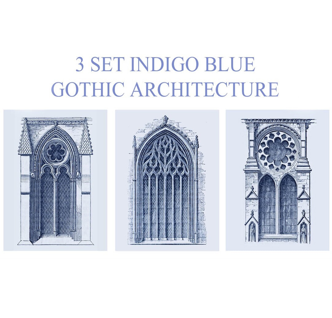 Indigo Blue Architecture Drawings, 3 Set Gothic Architectural Art ...