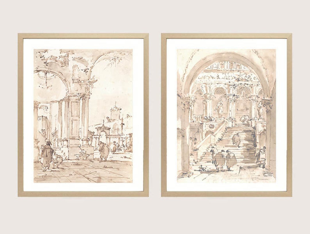 Set of 2 Vintage Drawing Art Prints. 1700's Architectural Sketch ...