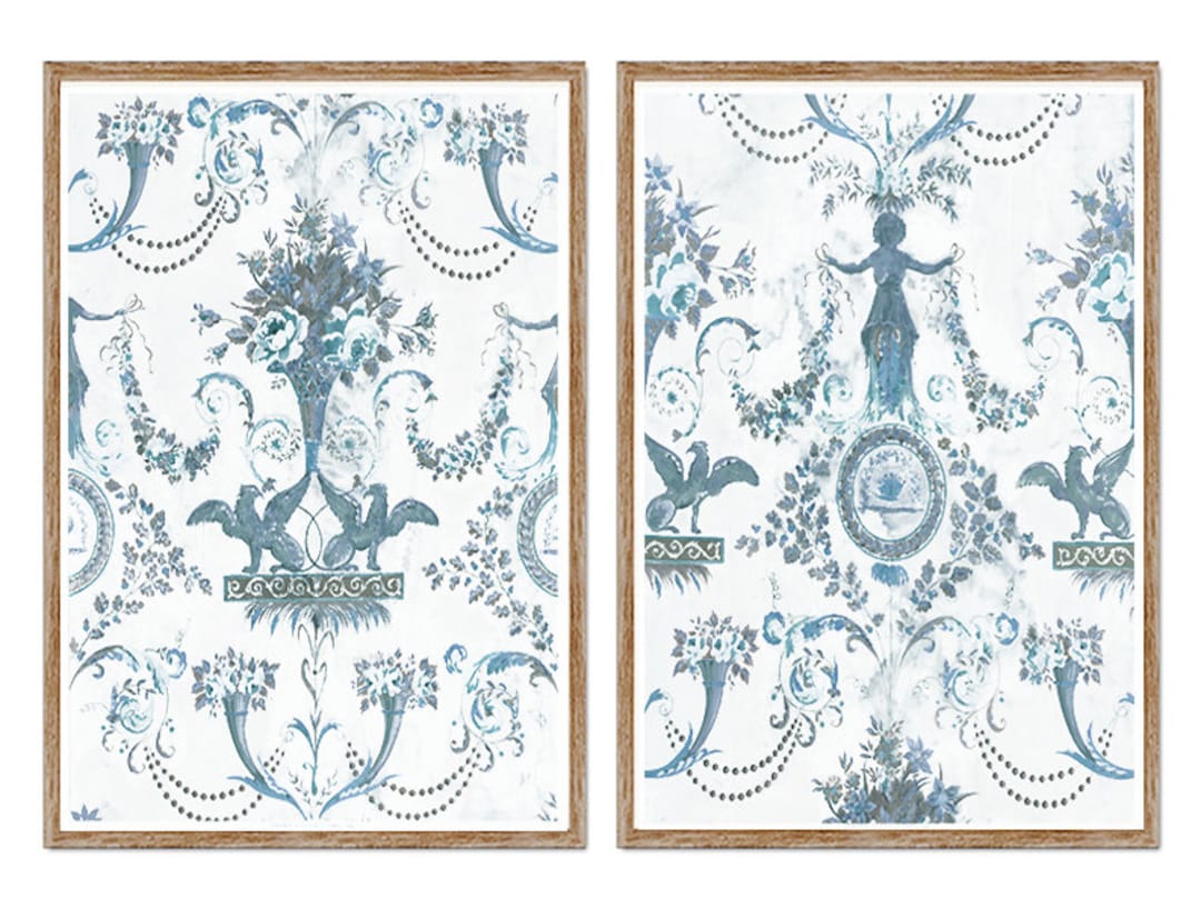 2 SET French Antique Wall Paper Print, Watercolor Blue Prints, Antique ...