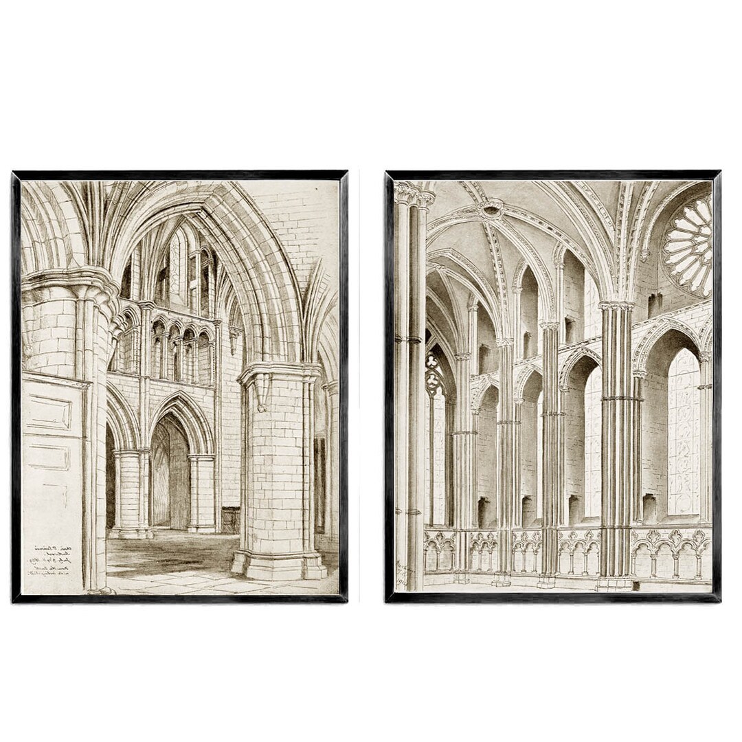 2 Set Architectural Prints, Sketches Gothic European Architecture ...