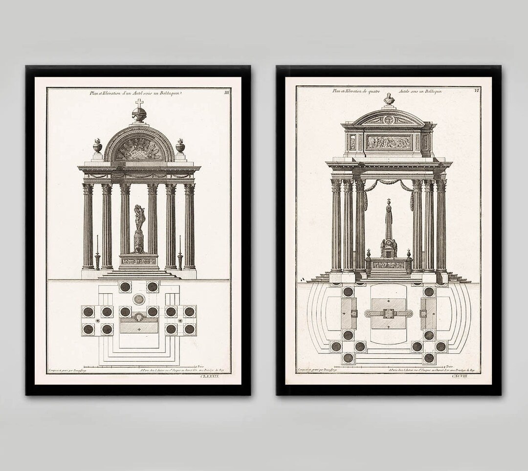 2 Set Architectural Art Prints, Architecture Drawings, Vintage Monument ...