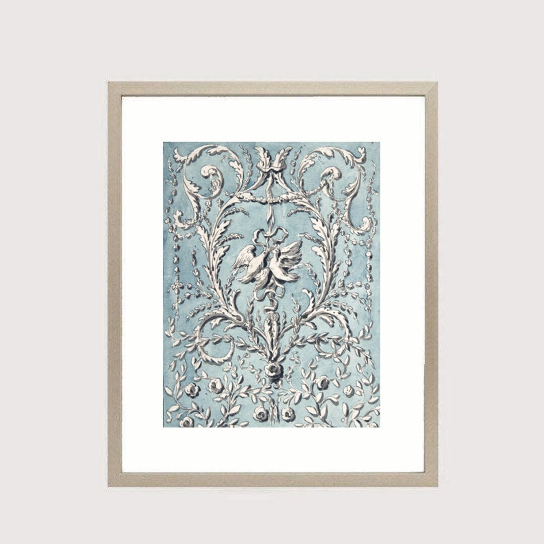 2 Set French Antique Wall Paper Prints, Watercolor Blue Prints, Antique ...