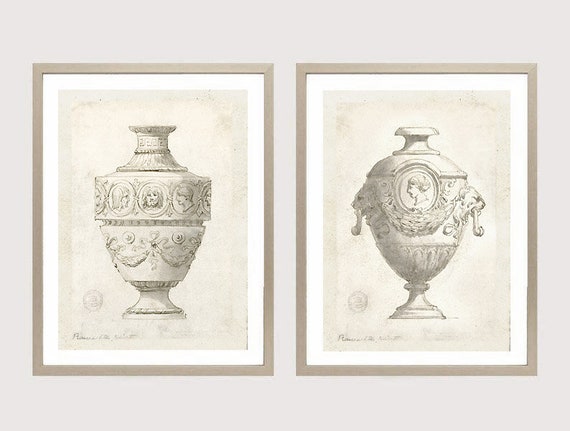 2 Set Vintage Sketch Art Prints. 1700's Drawing Urns | Etsy