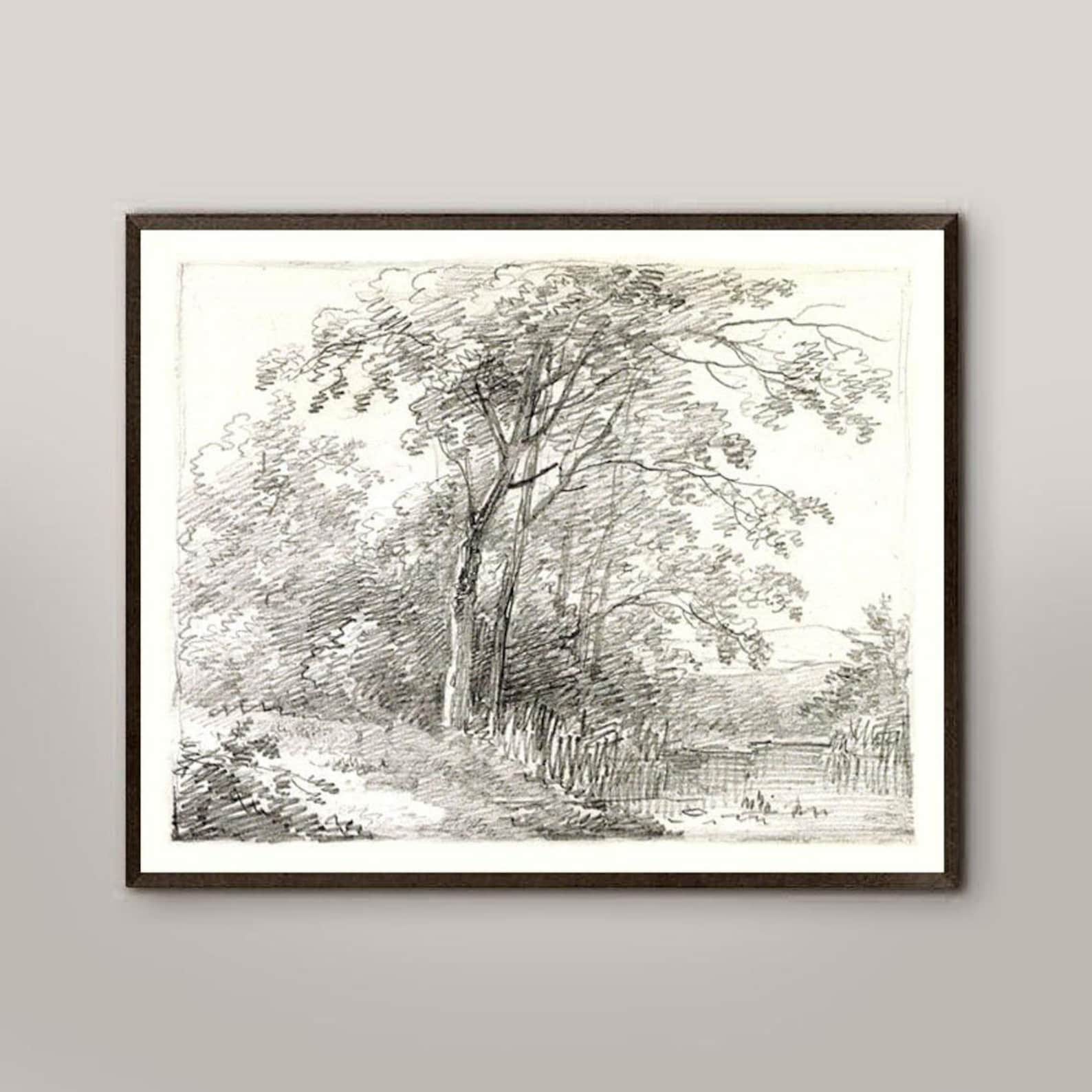 Pencil Sketch Landscape Art Print, Home Decor, Landscape Decor, Vintage ...
