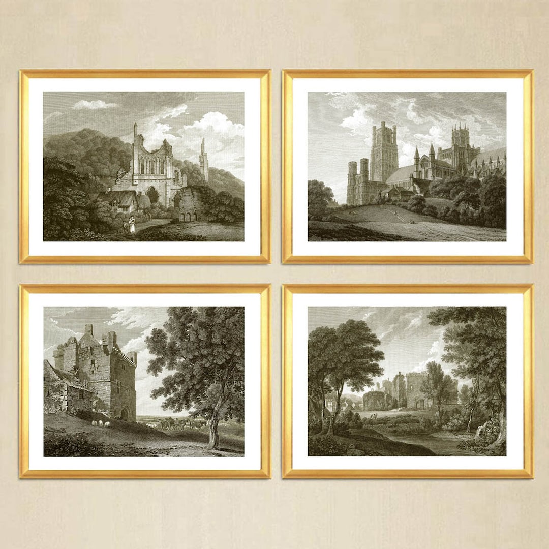 4 Set Vintage Drawing Prints. European Architectural Sketch, Engravings ...