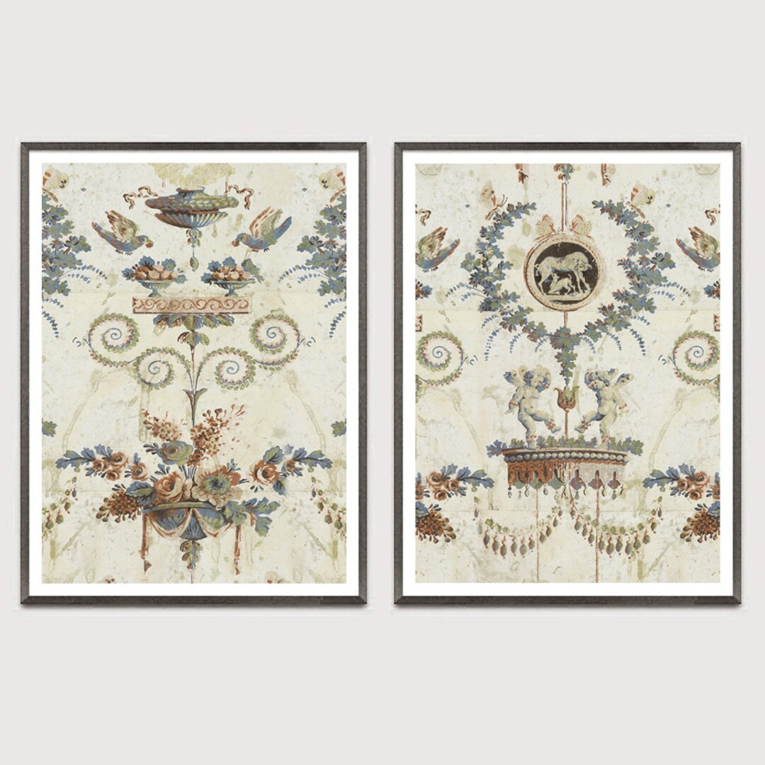 2 Set French Antique Wall Paper Print, Watercolor Prints, Antique ...