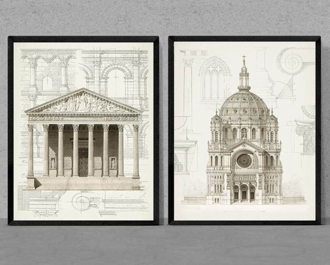 Classic Architecture Drawings, 2 Set Architectural Prints, Classic ...