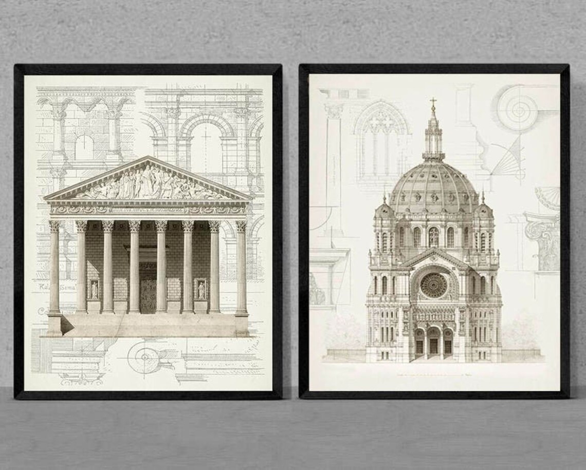 Classic Architecture Drawings 2 Set Architectural Prints - Etsy
