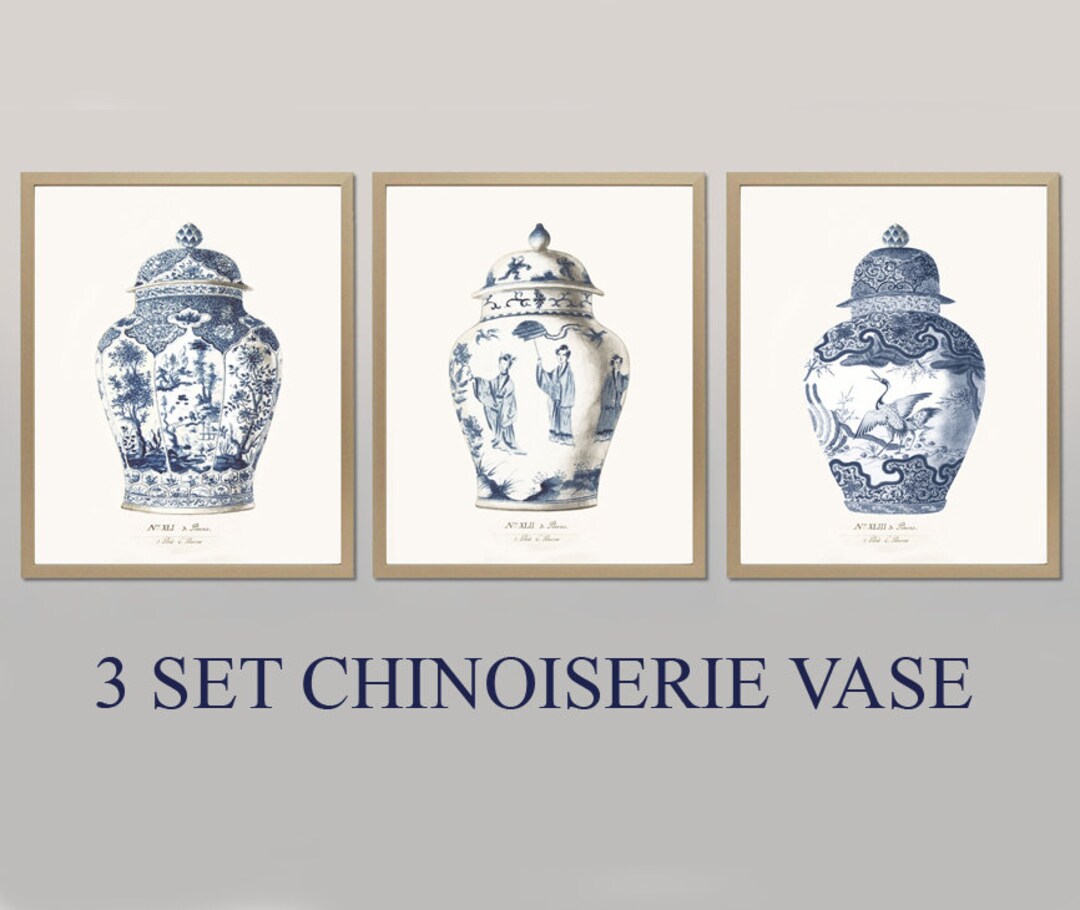 3 Set Indigo Blue White China Print, Vintage Vase Decor, Chinoiserie ...