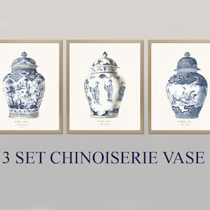 3 Set Indigo Blue White China Print, Vintage Vase Decor, Chinoiserie ...