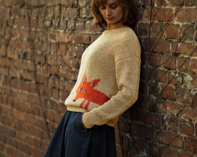 Wool Sweater With Fox, Women's Wool Fall Winter Sweater, Hand Knitted ...